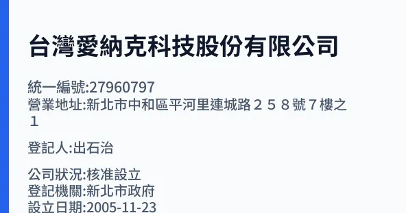 台灣愛納克科技股份有限公司的照片-統編 27960797(新北市) 公司登記資料與營業項目詳細圖表