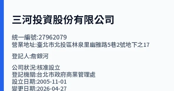 三河投資股份有限公司的照片-統編 27962079(臺北市) 公司登記資料與營業項目詳細圖表
