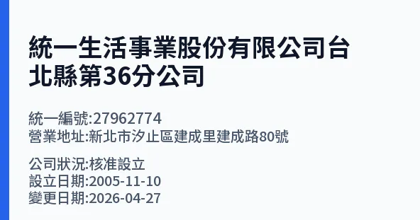 統一生活事業股份有限公司台北縣第36分公司的照片-統編 27962774(新北市) 公司登記資料與營業項目詳細圖表