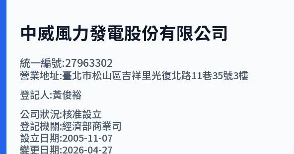 中威風力發電股份有限公司的照片-統編 27963302(臺北市) 公司登記資料與營業項目詳細圖表