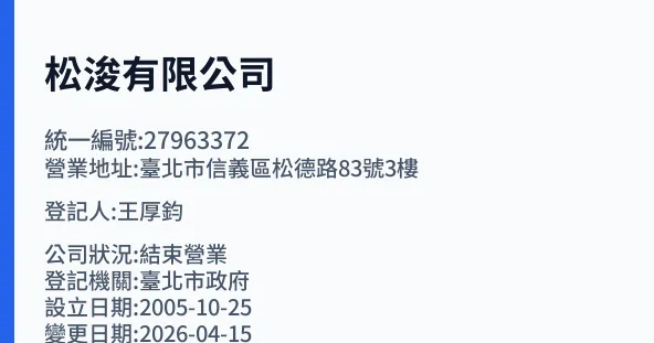 松浚有限公司的照片-統編 27963372(臺北市) 公司登記資料與營業項目詳細圖表