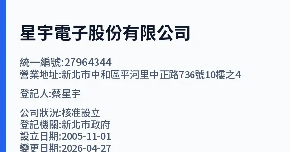 星宇電子股份有限公司的照片-統編 27964344(新北市) 公司登記資料與營業項目詳細圖表