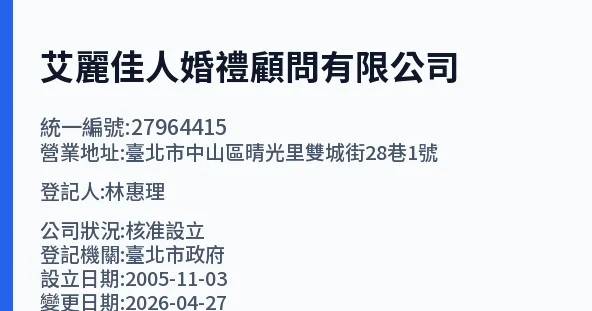 艾麗佳人婚禮顧問有限公司的照片-統編 27964415(臺北市) 公司登記資料與營業項目詳細圖表