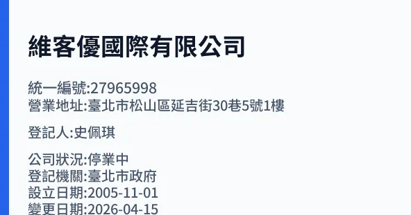維客優國際有限公司的照片-統編 27965998(臺北市) 公司登記資料與營業項目詳細圖表