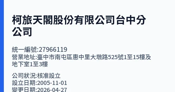 柯旅天閣股份有限公司台中分公司的照片-統編 27966119(臺中市) 公司登記資料與營業項目詳細圖表