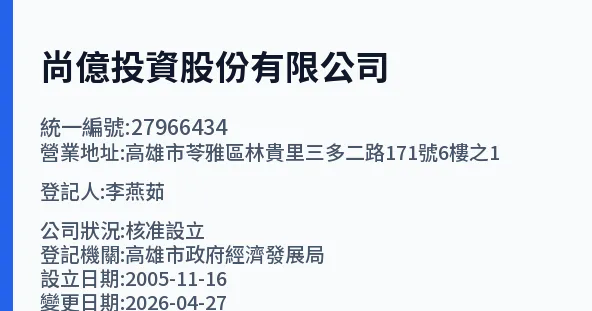 尚億投資股份有限公司的照片-統編 27966434(高雄市) 公司登記資料與營業項目詳細圖表