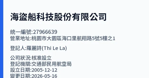 海盜船科技股份有限公司的照片-統編 27966639(桃園市) 公司登記資料與營業項目詳細圖表