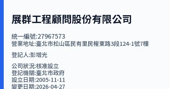 展群工程顧問股份有限公司的照片-統編 27967573(臺北市) 公司登記資料與營業項目詳細圖表