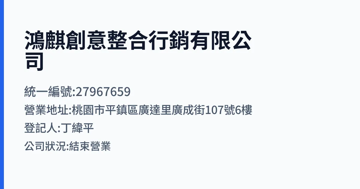 鴻麒創意整合行銷有限公司 - 統編 27967659(桃園市) 公司登記資料與營業項目詳細圖表