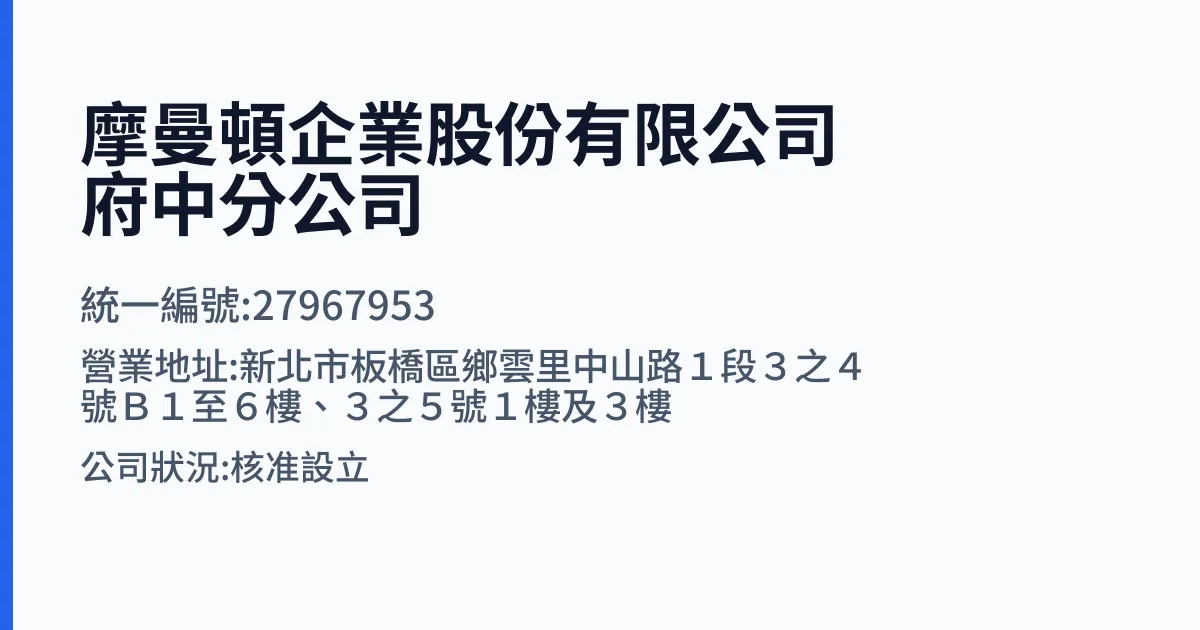 摩曼頓企業股份有限公司府中分公司 - 統編 27967953(新北市) 公司登記資料與營業項目詳細圖表