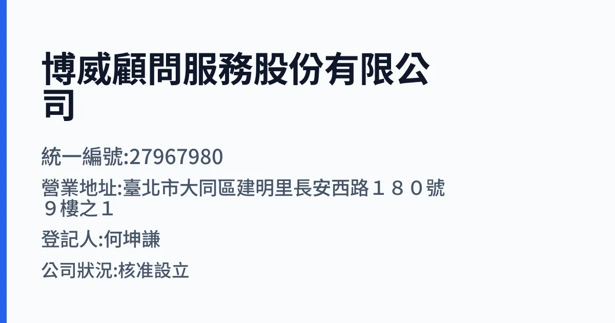博威顧問服務股份有限公司 - 統編 27967980(臺北市) 公司登記資料與營業項目詳細圖表