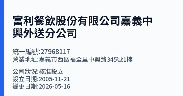 富利餐飲股份有限公司嘉義中興外送分公司的照片-統編 27968117(嘉義市) 公司登記資料與營業項目詳細圖表