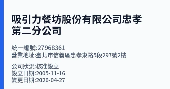 吸引力餐坊股份有限公司忠孝第二分公司的照片-統編 27968361(臺北市) 公司登記資料與營業項目詳細圖表