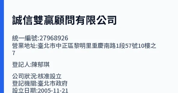 誠信雙贏顧問有限公司的照片-統編 27968926(臺北市) 公司登記資料與營業項目詳細圖表