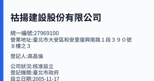 祜揚建設股份有限公司的照片-統編 27969100(臺北市) 公司登記資料與營業項目詳細圖表