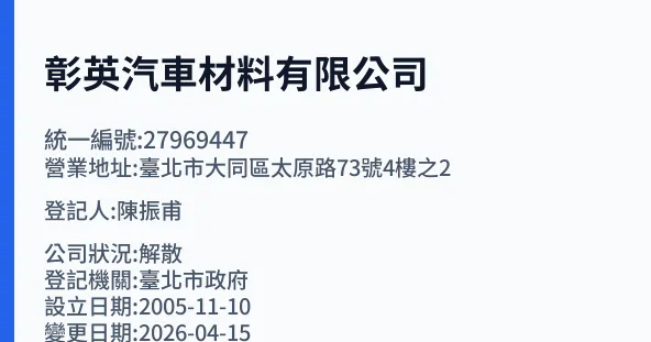 彰英汽車材料有限公司的照片-統編 27969447(臺北市) 公司登記資料與營業項目詳細圖表