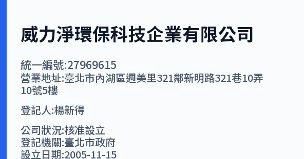 威力淨環保科技企業有限公司的照片-統編 27969615(臺北市) 公司登記資料與營業項目詳細圖表