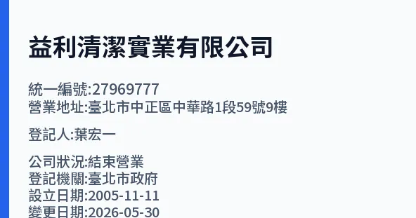益利清潔實業有限公司的照片-統編 27969777(臺北市) 公司登記資料與營業項目詳細圖表