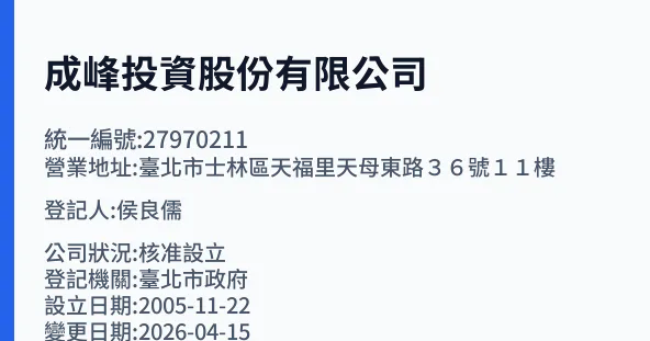 成峰投資股份有限公司的照片-統編 27970211(臺北市) 公司登記資料與營業項目詳細圖表