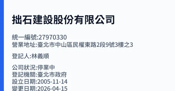 拙石建設股份有限公司的照片-統編 27970330(臺北市) 公司登記資料與營業項目詳細圖表