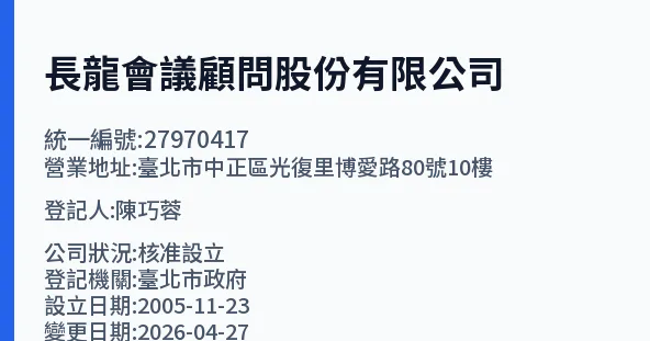 長龍會議顧問股份有限公司的照片-統編 27970417(臺北市) 公司登記資料與營業項目詳細圖表