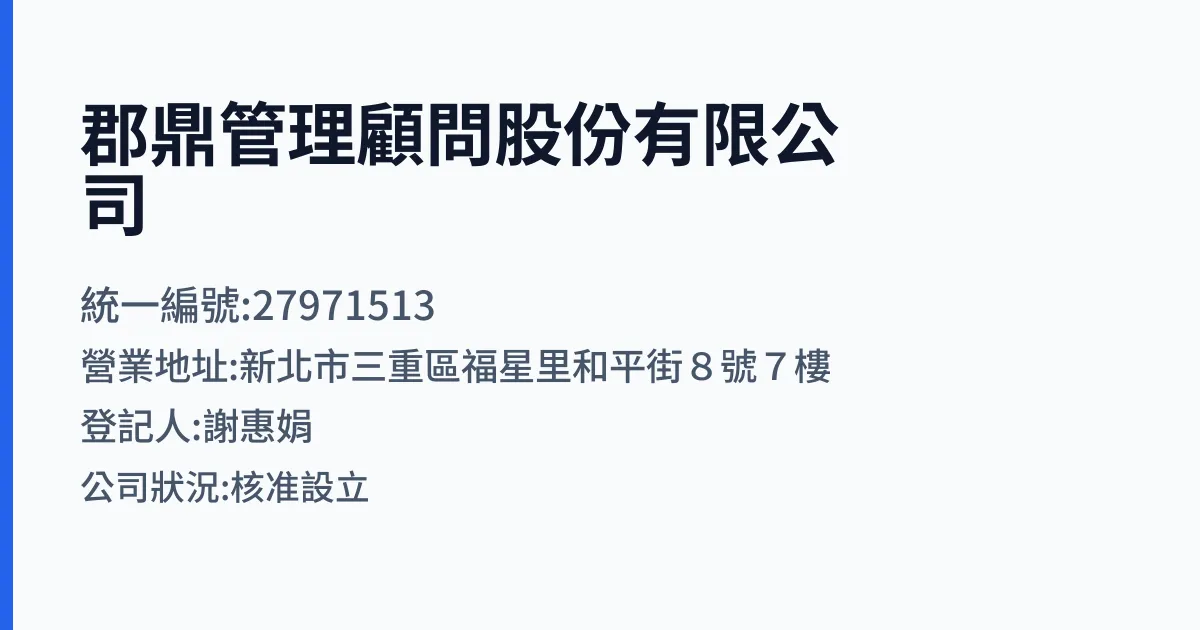 郡鼎管理顧問股份有限公司 - 統編 27971513(新北市) 公司登記資料與營業項目詳細圖表