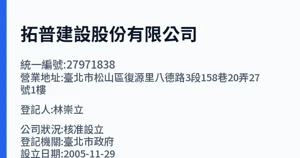 拓普建設股份有限公司的照片-統編 27971838(臺北市) 公司登記資料與營業項目詳細圖表