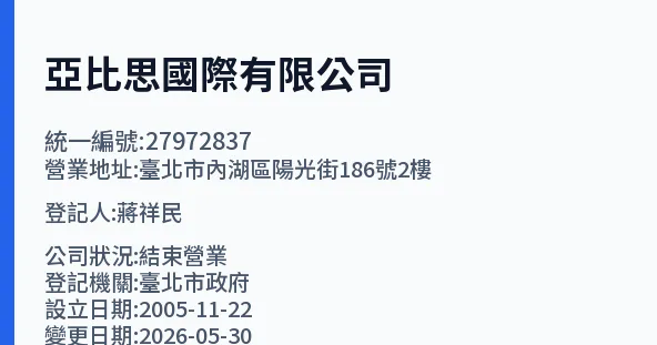亞比思國際有限公司的照片-統編 27972837(臺北市) 公司登記資料與營業項目詳細圖表