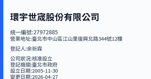 環宇世宬股份有限公司的照片-統編 27972885(臺北市) 公司登記資料與營業項目詳細圖表