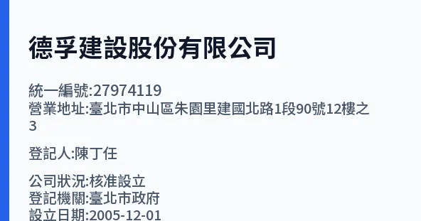 德孚建設股份有限公司的照片-統編 27974119(臺北市) 公司登記資料與營業項目詳細圖表