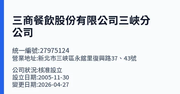 三商餐飲股份有限公司三峽分公司的照片-統編 27975124(新北市) 公司登記資料與營業項目詳細圖表