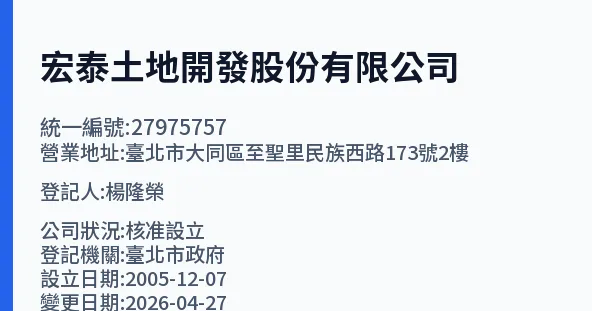宏泰土地開發股份有限公司的照片-統編 27975757(臺北市) 公司登記資料與營業項目詳細圖表