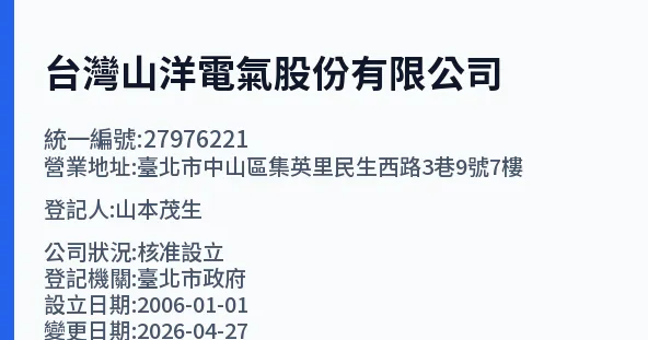 台灣山洋電氣股份有限公司的照片-統編 27976221(臺北市) 公司登記資料與營業項目詳細圖表