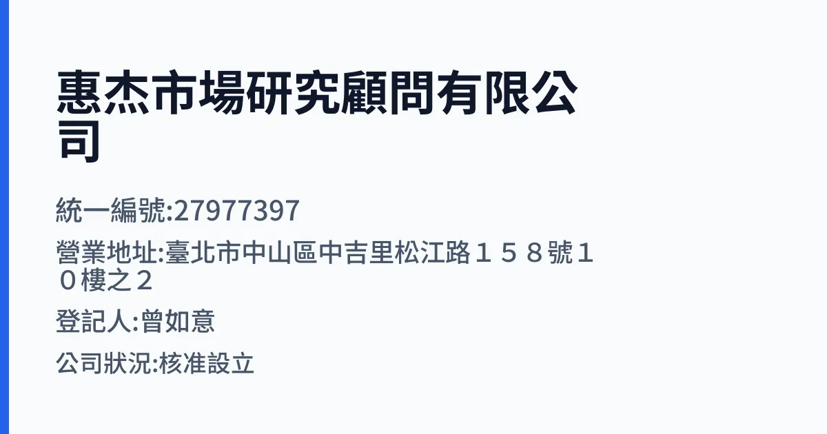 惠杰市場研究顧問有限公司 - 統編 27977397(臺北市) 公司登記資料與營業項目詳細圖表