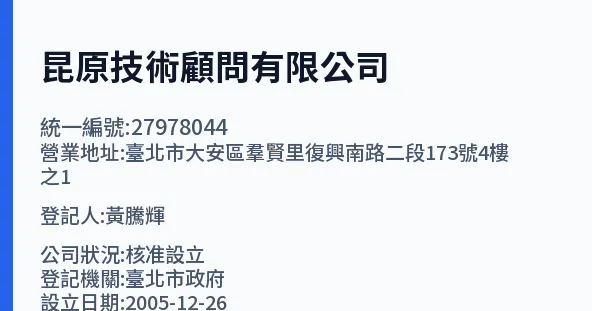 昆原技術顧問有限公司的照片-統編 27978044(臺北市) 公司登記資料與營業項目詳細圖表