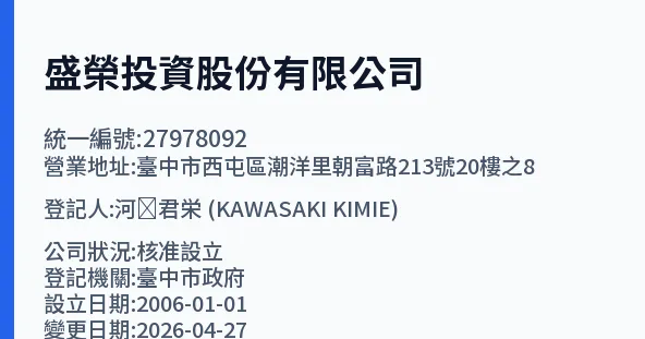 盛榮投資股份有限公司的照片-統編 27978092(臺中市) 公司登記資料與營業項目詳細圖表