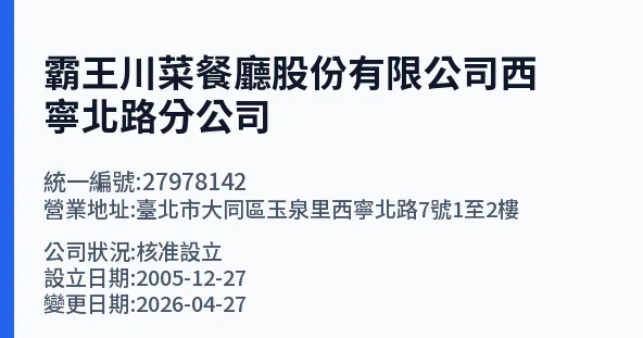 霸王川菜餐廳股份有限公司西寧北路分公司的照片-統編 27978142(臺北市) 公司登記資料與營業項目詳細圖表
