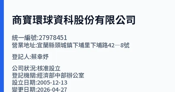 商寶環球資科股份有限公司的照片-統編 27978451(宜蘭縣) 公司登記資料與營業項目詳細圖表