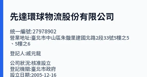 先達環球物流股份有限公司的照片-統編 27978902(臺北市) 公司登記資料與營業項目詳細圖表