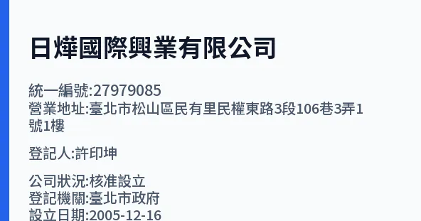 日燁國際興業有限公司的照片-統編 27979085(臺北市) 公司登記資料與營業項目詳細圖表