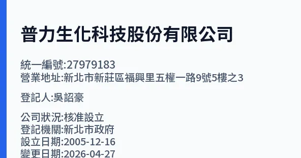 普力生化科技股份有限公司的照片-統編 27979183(新北市) 公司登記資料與營業項目詳細圖表