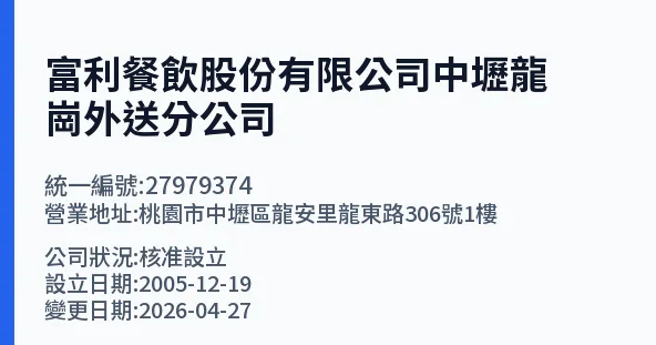 富利餐飲股份有限公司中壢龍崗外送分公司的照片-統編 27979374(桃園市) 公司登記資料與營業項目詳細圖表