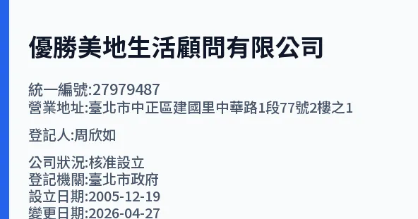 優勝美地生活顧問有限公司的照片-統編 27979487(臺北市) 公司登記資料與營業項目詳細圖表