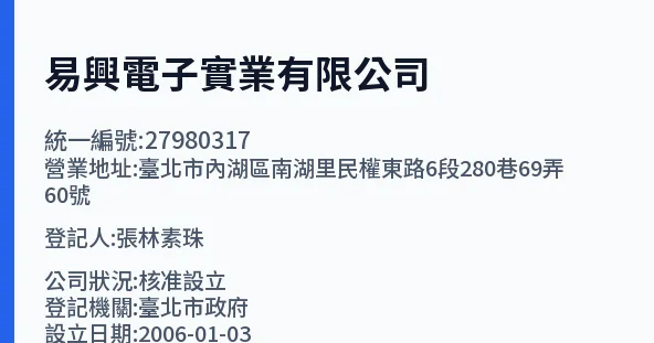 易興電子實業有限公司的照片-統編 27980317(臺北市) 公司登記資料與營業項目詳細圖表