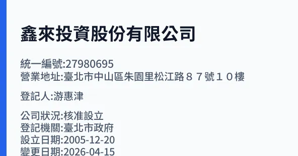 鑫來投資股份有限公司的照片-統編 27980695(臺北市) 公司登記資料與營業項目詳細圖表