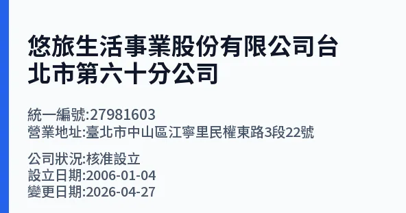 悠旅生活事業股份有限公司台北市第六十分公司的照片-統編 27981603(臺北市) 公司登記資料與營業項目詳細圖表