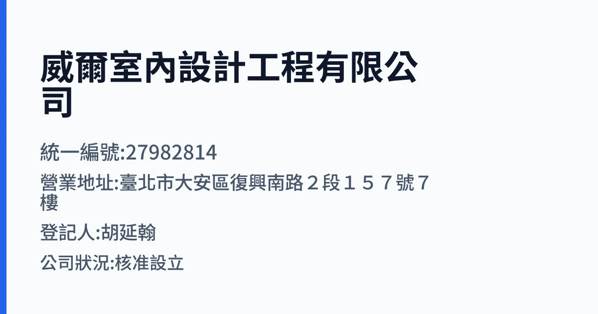 威爾室內設計工程有限公司 - 統編 27982814(臺北市) 公司登記資料與營業項目詳細圖表