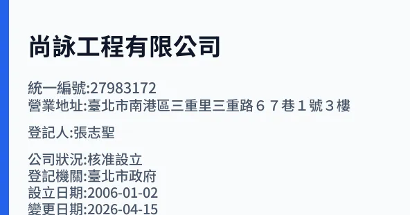 尚詠工程有限公司的照片-統編 27983172(臺北市) 公司登記資料與營業項目詳細圖表