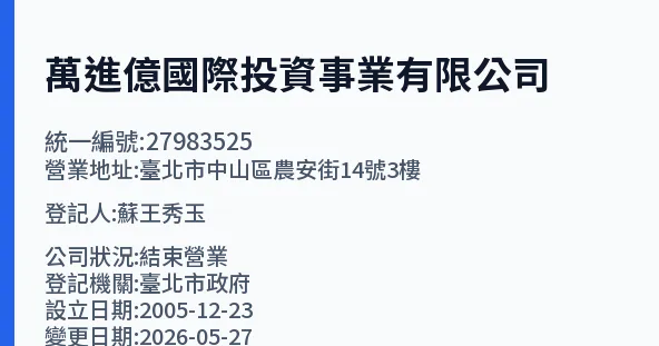 萬進億國際投資事業有限公司的照片-統編 27983525(臺北市) 公司登記資料與營業項目詳細圖表