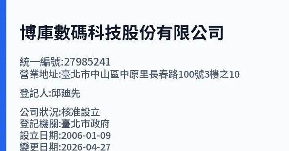 博庫數碼科技股份有限公司的照片-統編 27985241(臺北市) 公司登記資料與營業項目詳細圖表